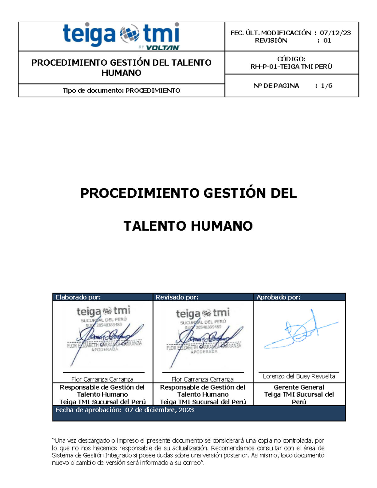 RH-P-01- Teiga Gestión del Talento Humano Rev1 - REVISIÓN : 0 1 ...