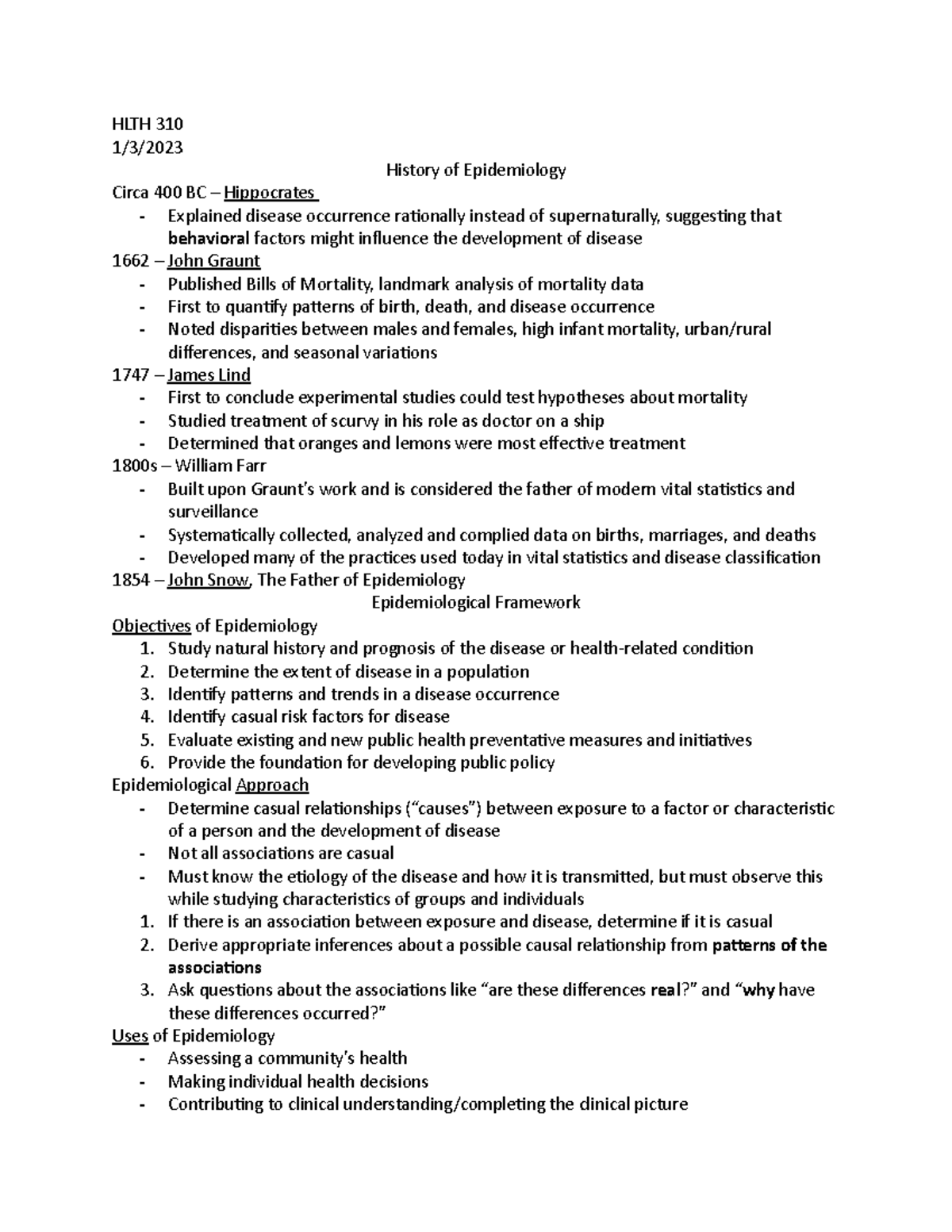 Evolution of Epi and Epi Approach - HLTH 310 1/3/ History of ...