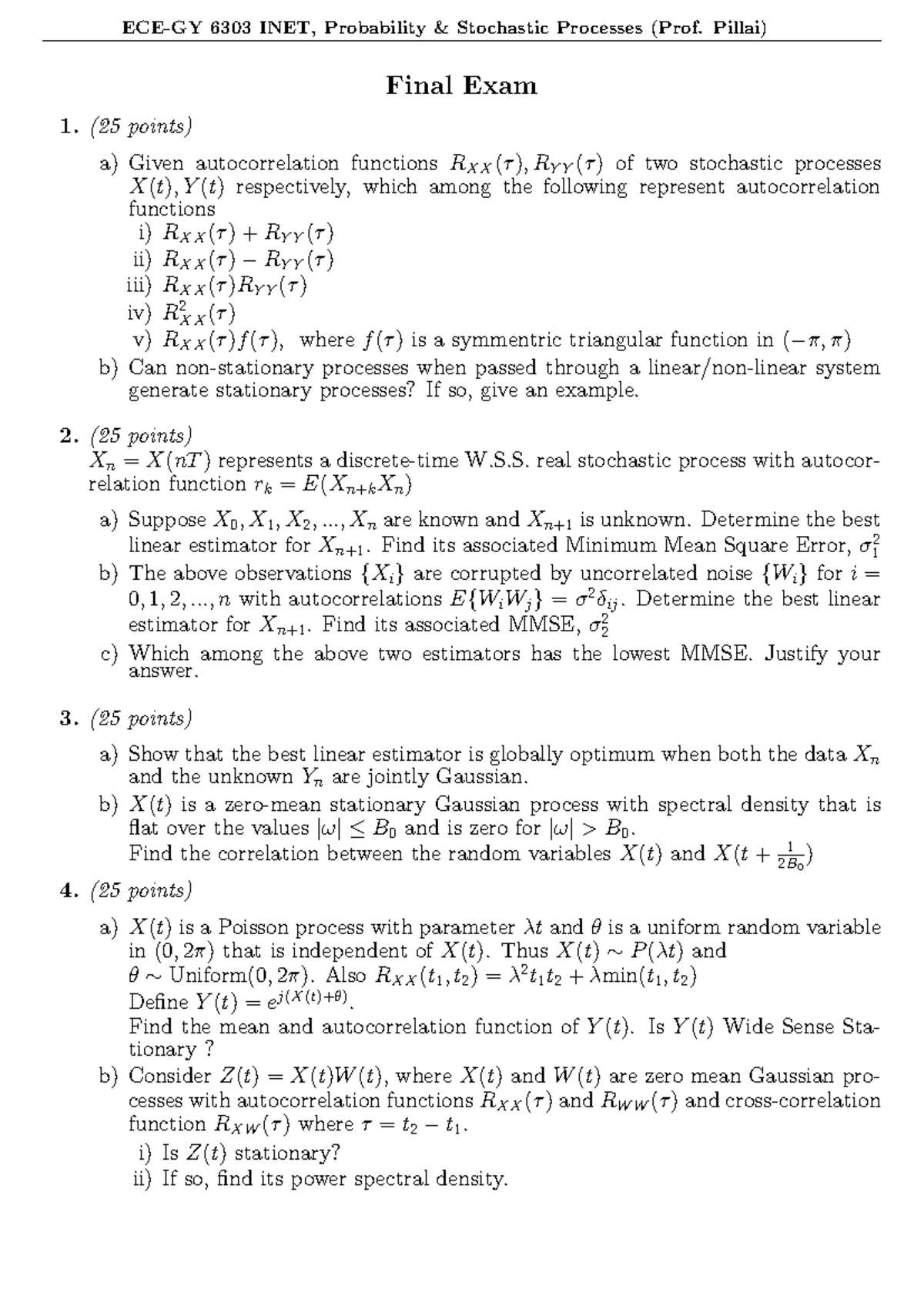 Probability Final - Practice materials - ECE-GY 6303 INET, Probability & Stochastic Processes ...