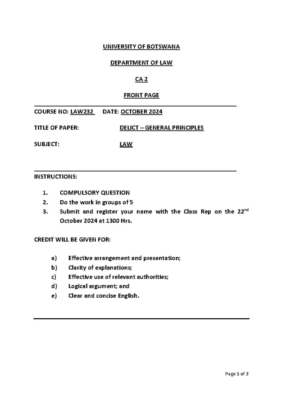 Law 232 CA 2 - FDV,LFVD - Page 1 of 2 UNIVERSITY OF BOTSWANA DEPARTMENT ...