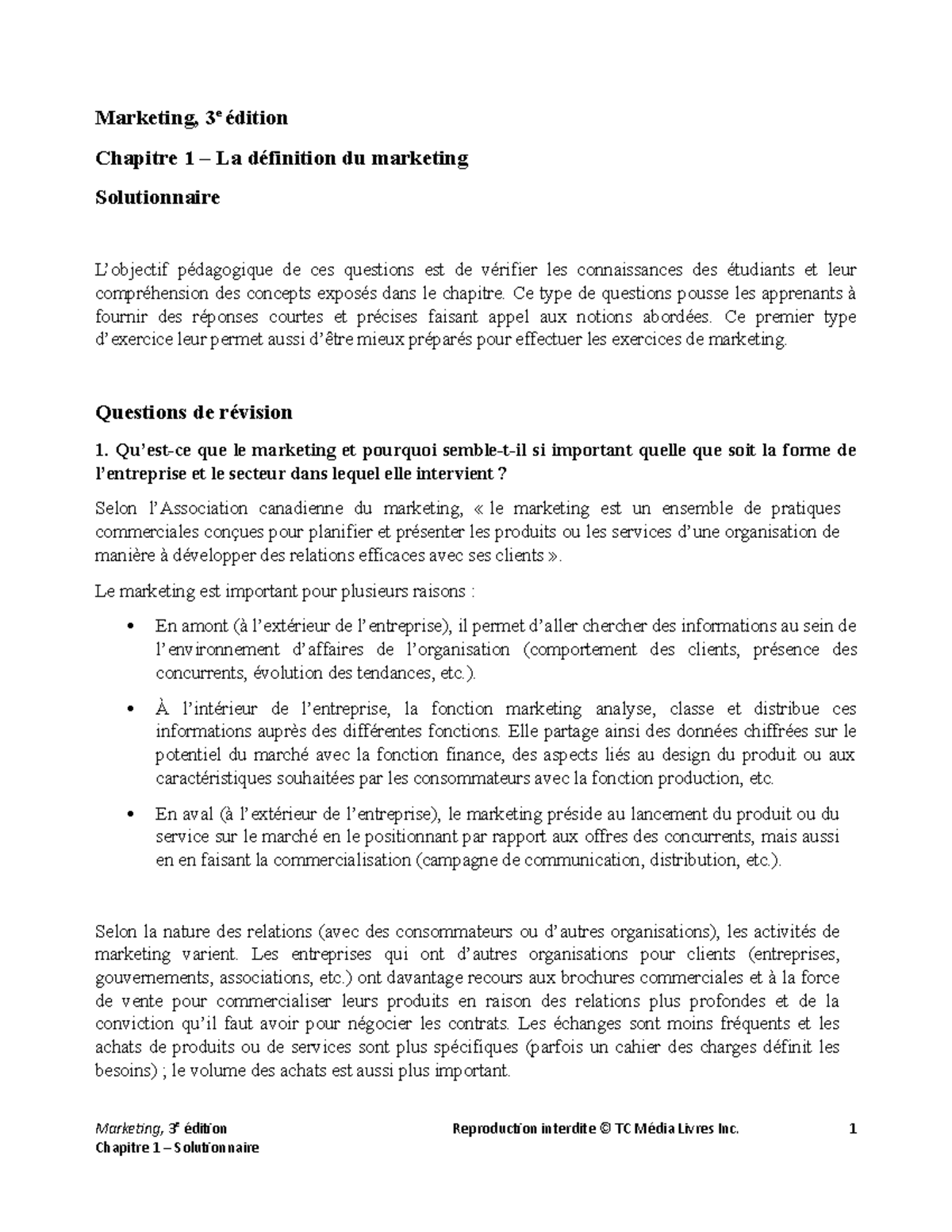 Chapitre 1 solutionnaire manuel - Marketing, 3e édition Chapitre 1 – La définition du marketing ...