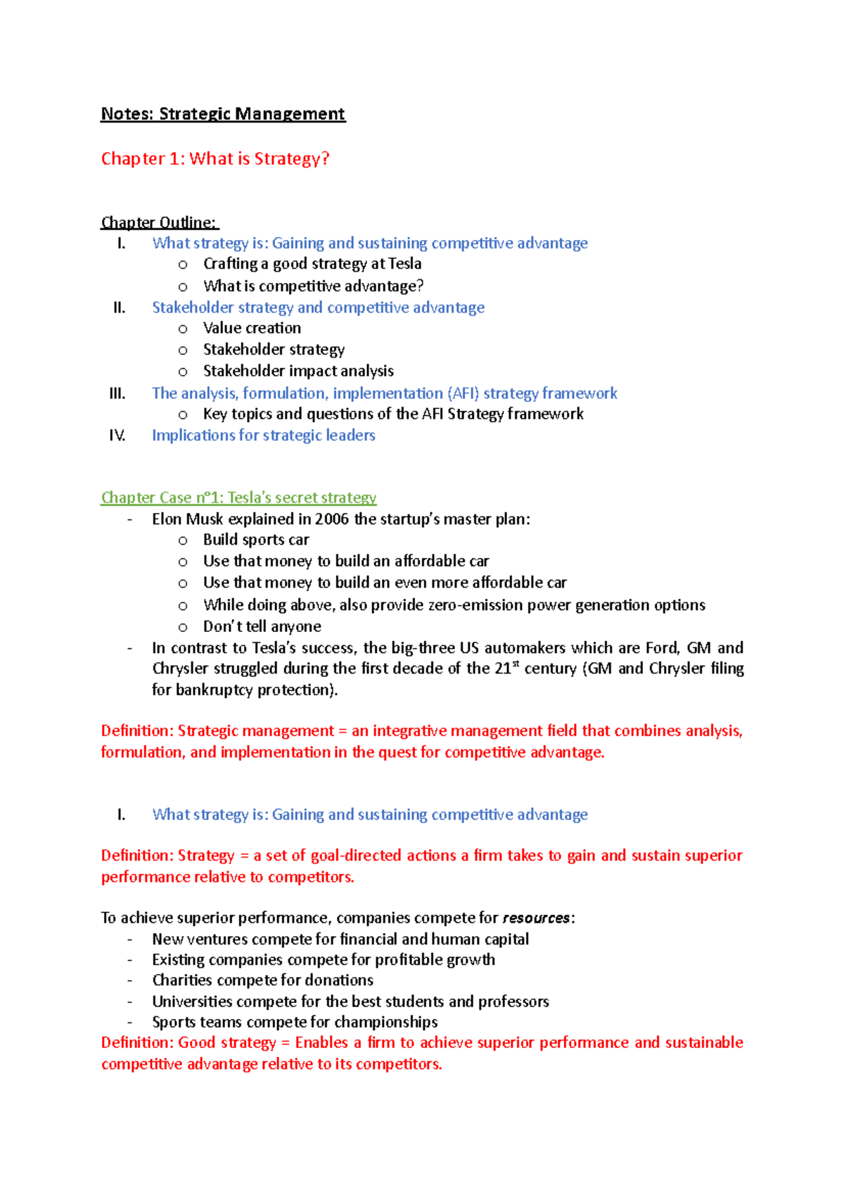 Notes - Chapter 1 - Cours séance 1 - Notes: Strategic Management ...