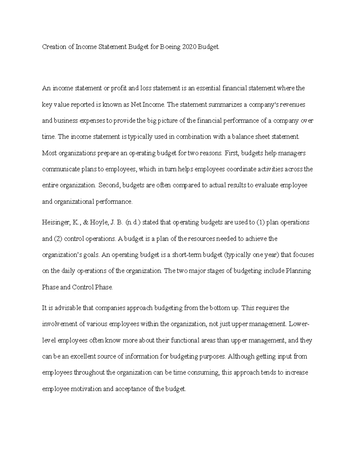 5110 week 5 unit 5 discussion - Creation of Income Statement Budget for ...
