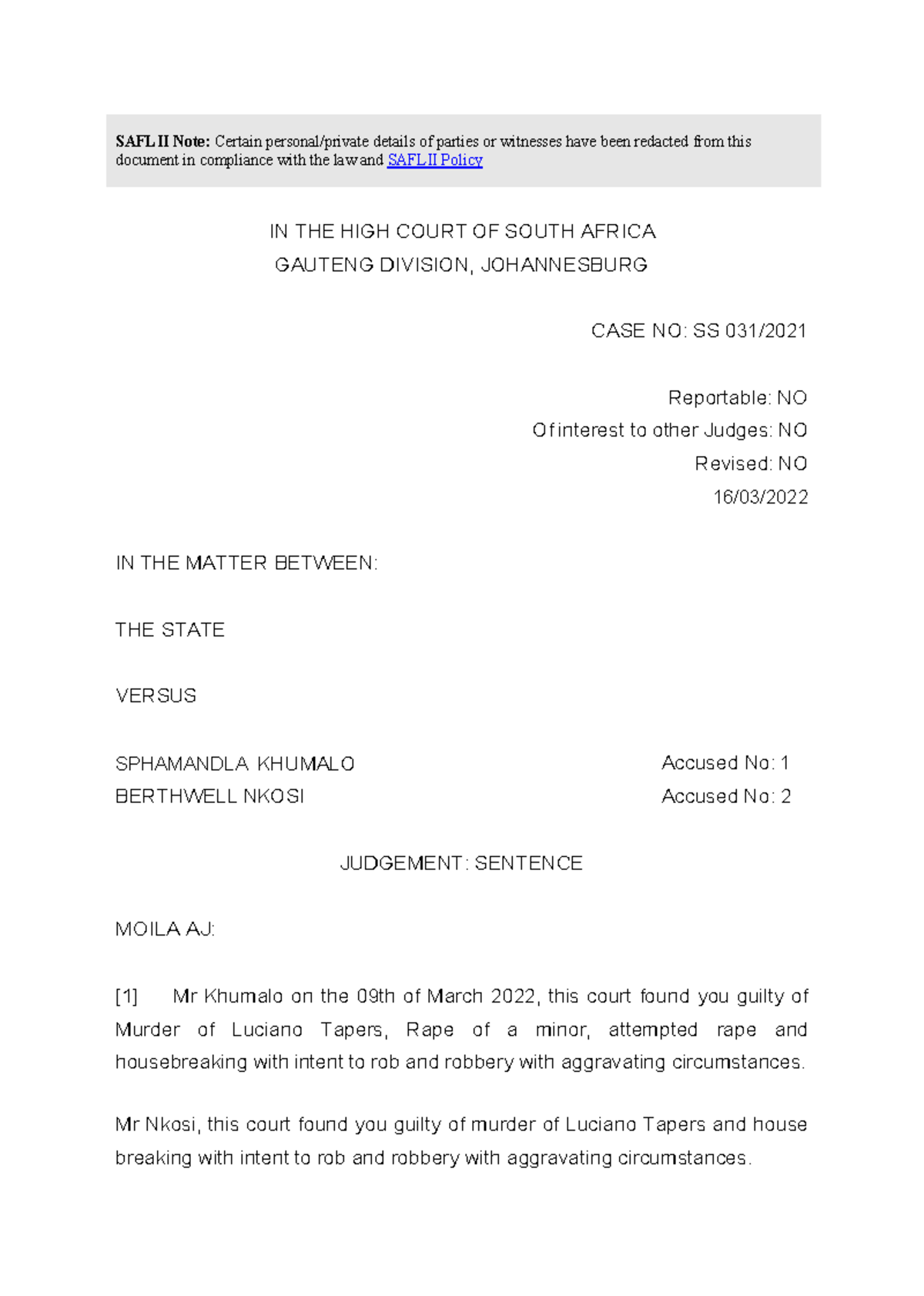 S v Khumalo - case law - SAFLII Note: Certain personal/private details ...