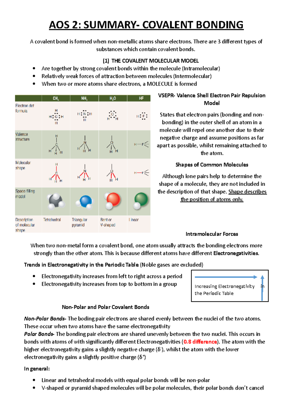 3328AOS 2 Summary- Covalent Bonding - A covalent bond is formed when ...