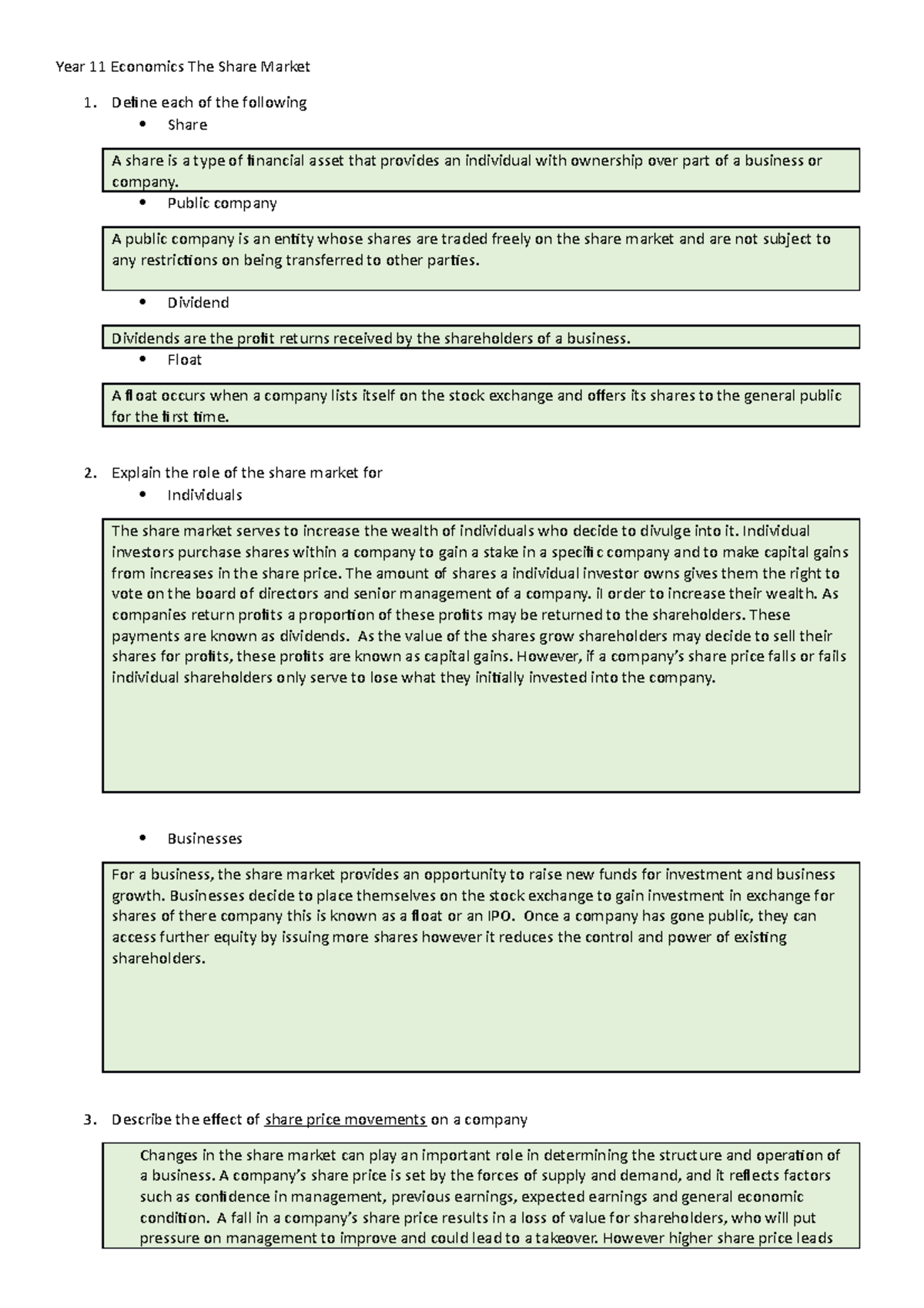 Year 11 Economics The Share Market questions - Studocu
