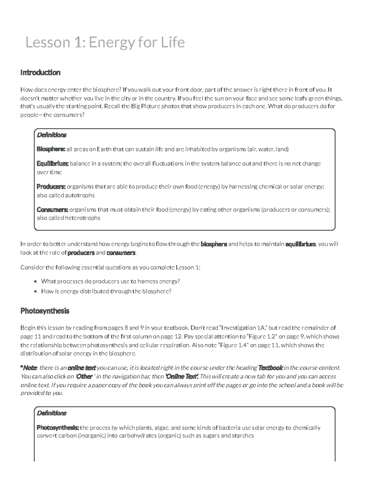 Lesson 1 Energy for Life - Biology 20 Fall 2022 Howell - Lesson 1 ...