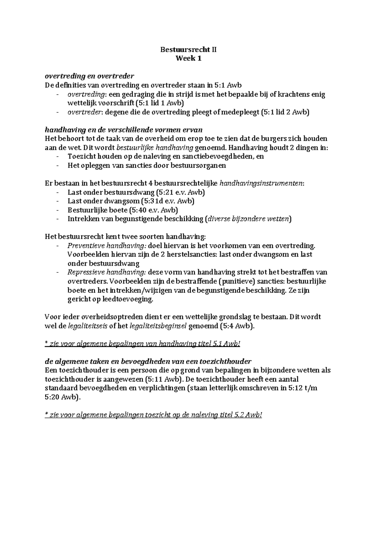 Bestuursrecht II - Bestuursrecht II Week 1 overtreding en overtreder De ...