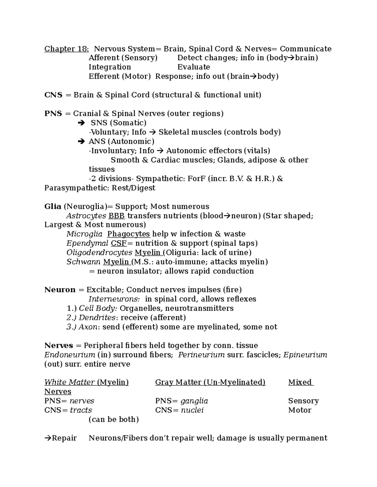 Exam 4 (Ch. 18-22) - AP LECTURE NOTES - Chapter 18: Nervous System ...