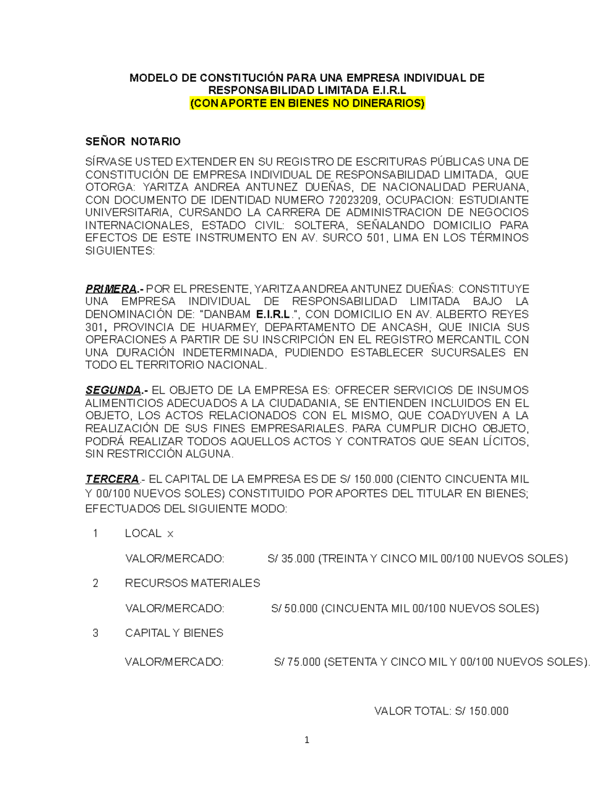 Formato de Minuta EIRL - MODELO DE CONSTITUCIÓN PARA UNA EMPRESA INDIVIDUAL DE RESPONSABILIDAD ...