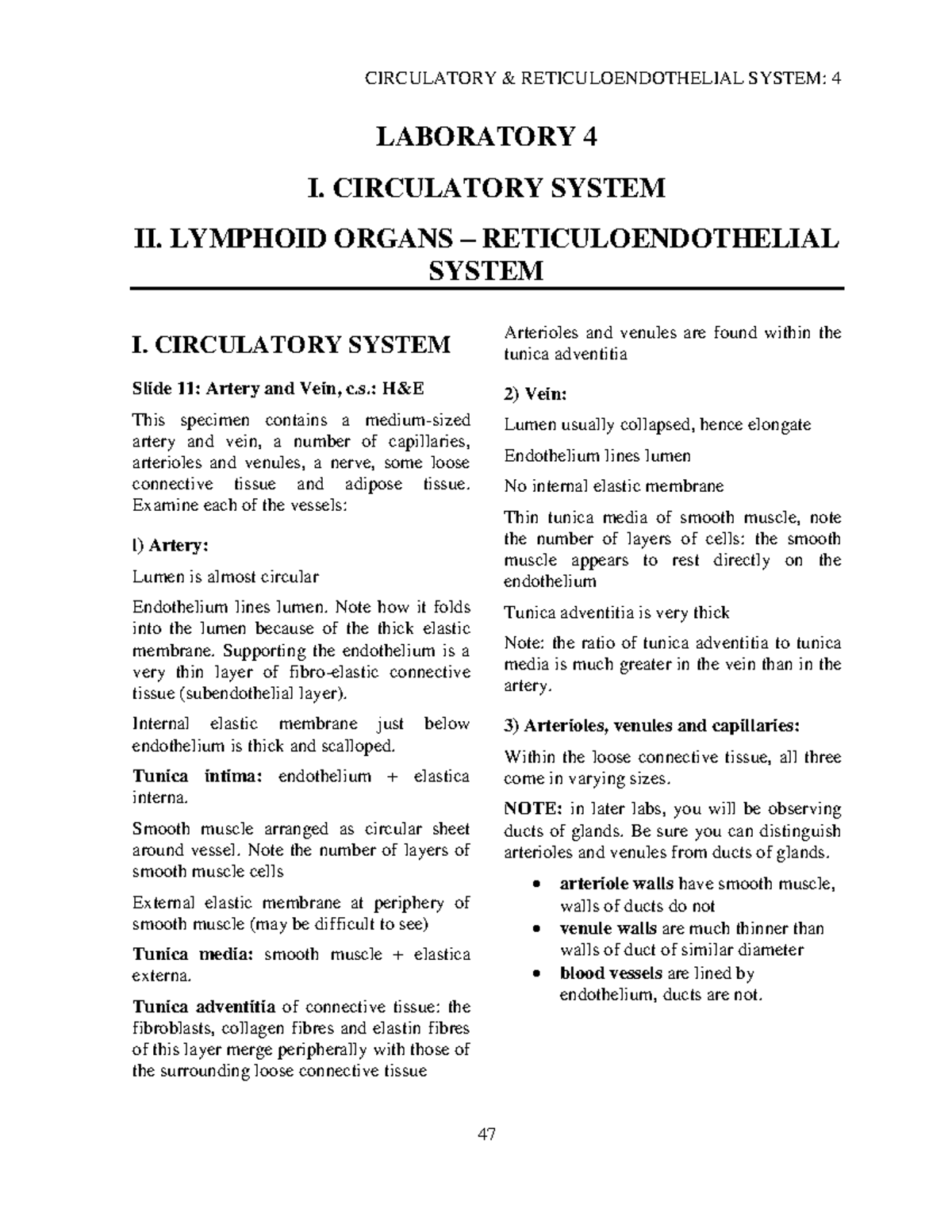 Lab 4 - Circulatory System & Reticuloendothelial System - LABORATORY 4 ...