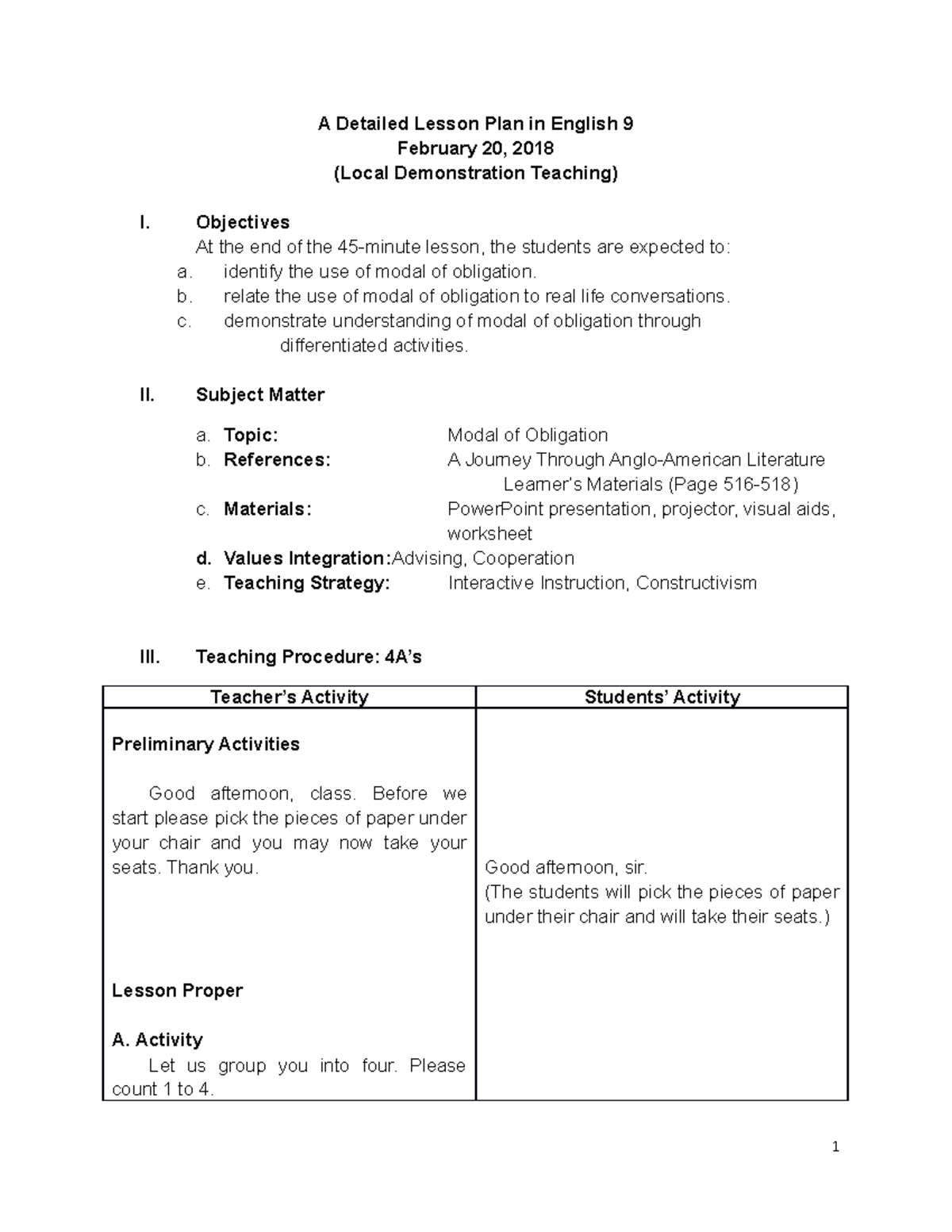 A Detailed Lesson Plan In English 9 Objectives At The End Of The 45