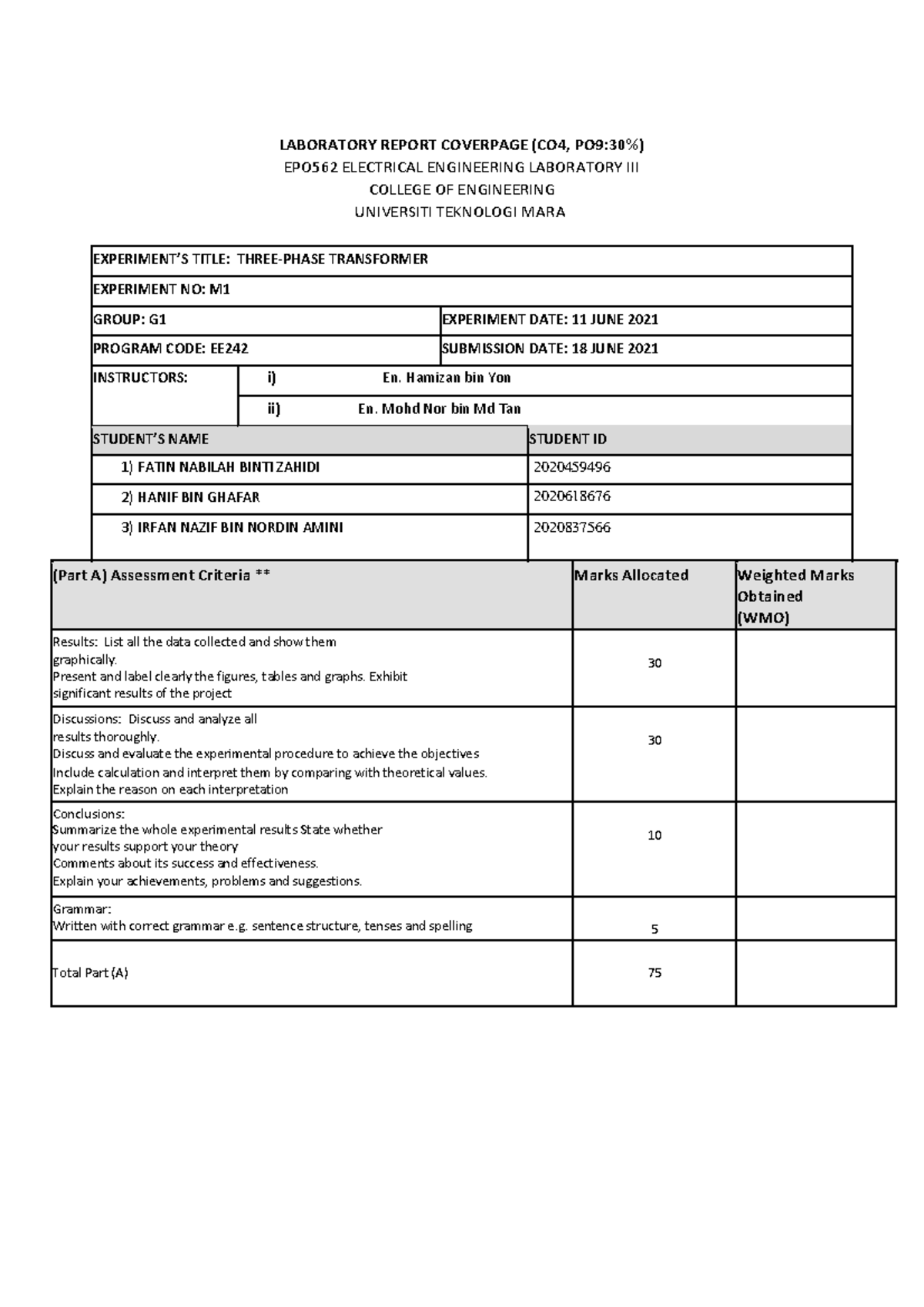 EPO562 G1 M1 Labreport - Lab report for experiment M1 for Electrical ...
