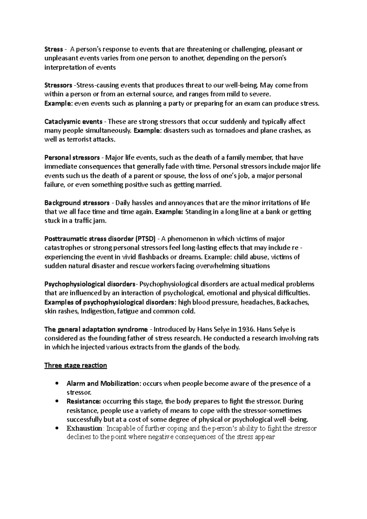 Stress - Chapter notes - Stress - A person’s response to events that ...