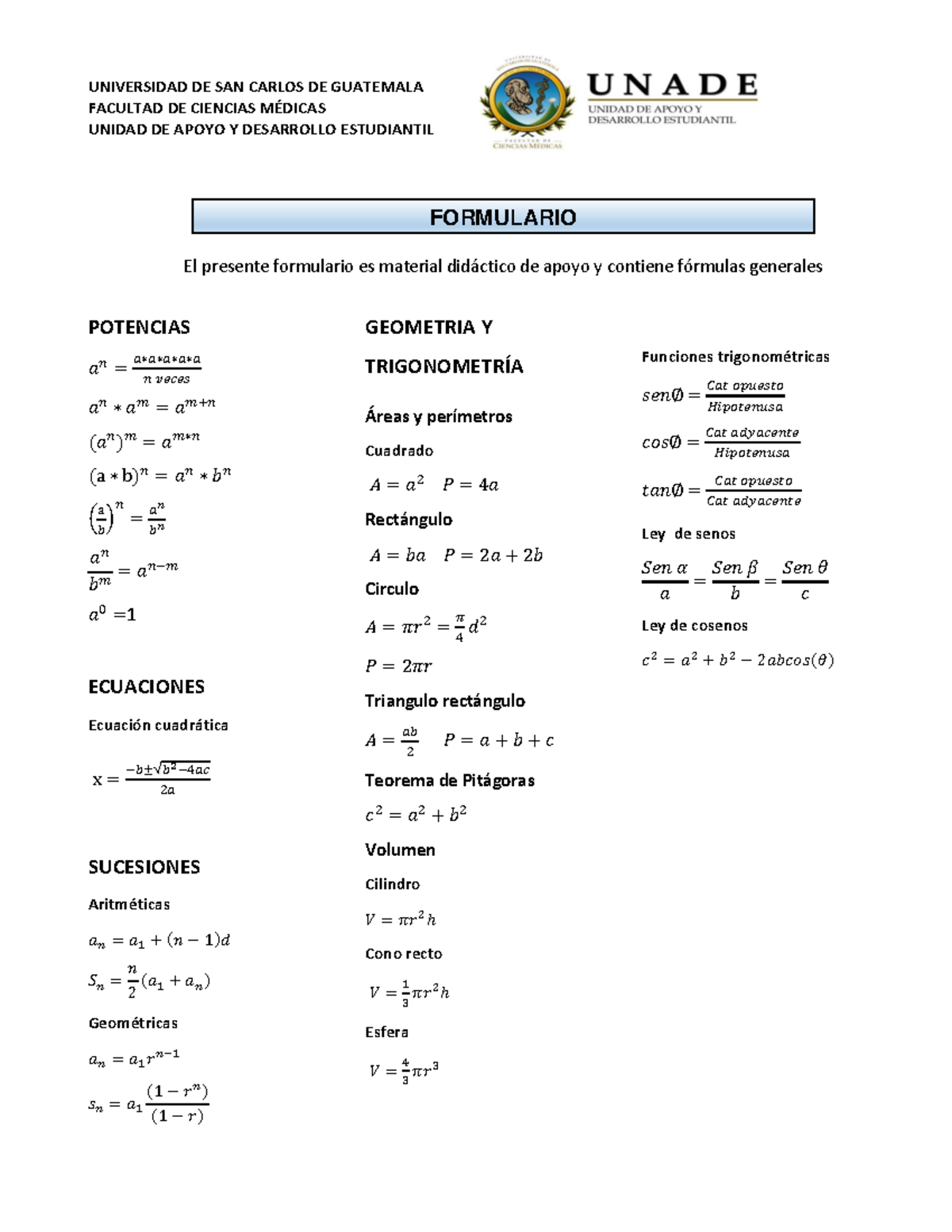 Formulas de Matematicas para practicar - Warning: TT: undefined function: 32 UNIVERSIDAD DE SAN ...