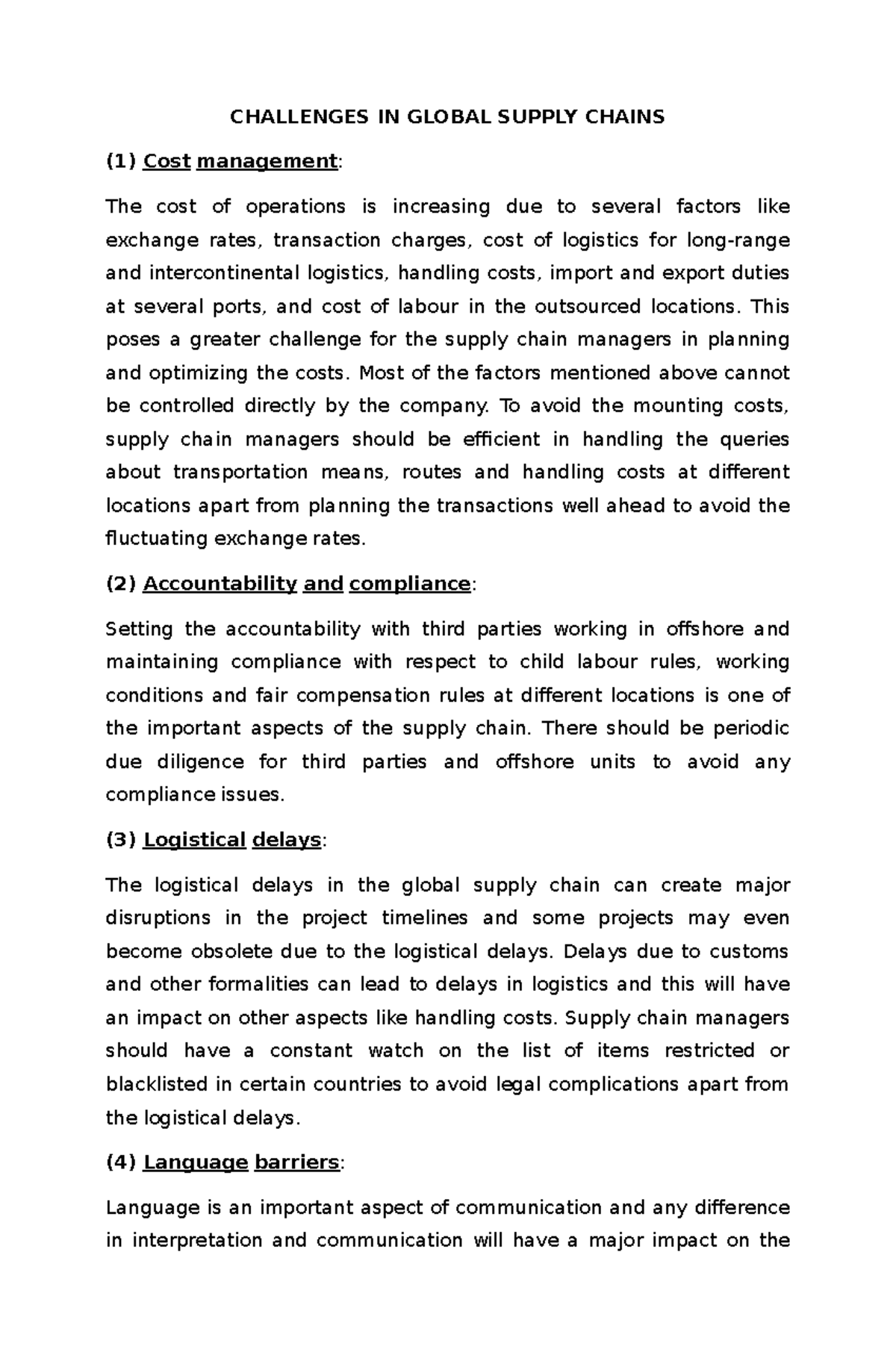 Challenges in global supply chains - CHALLENGES IN GLOBAL SUPPLY CHAINS ...