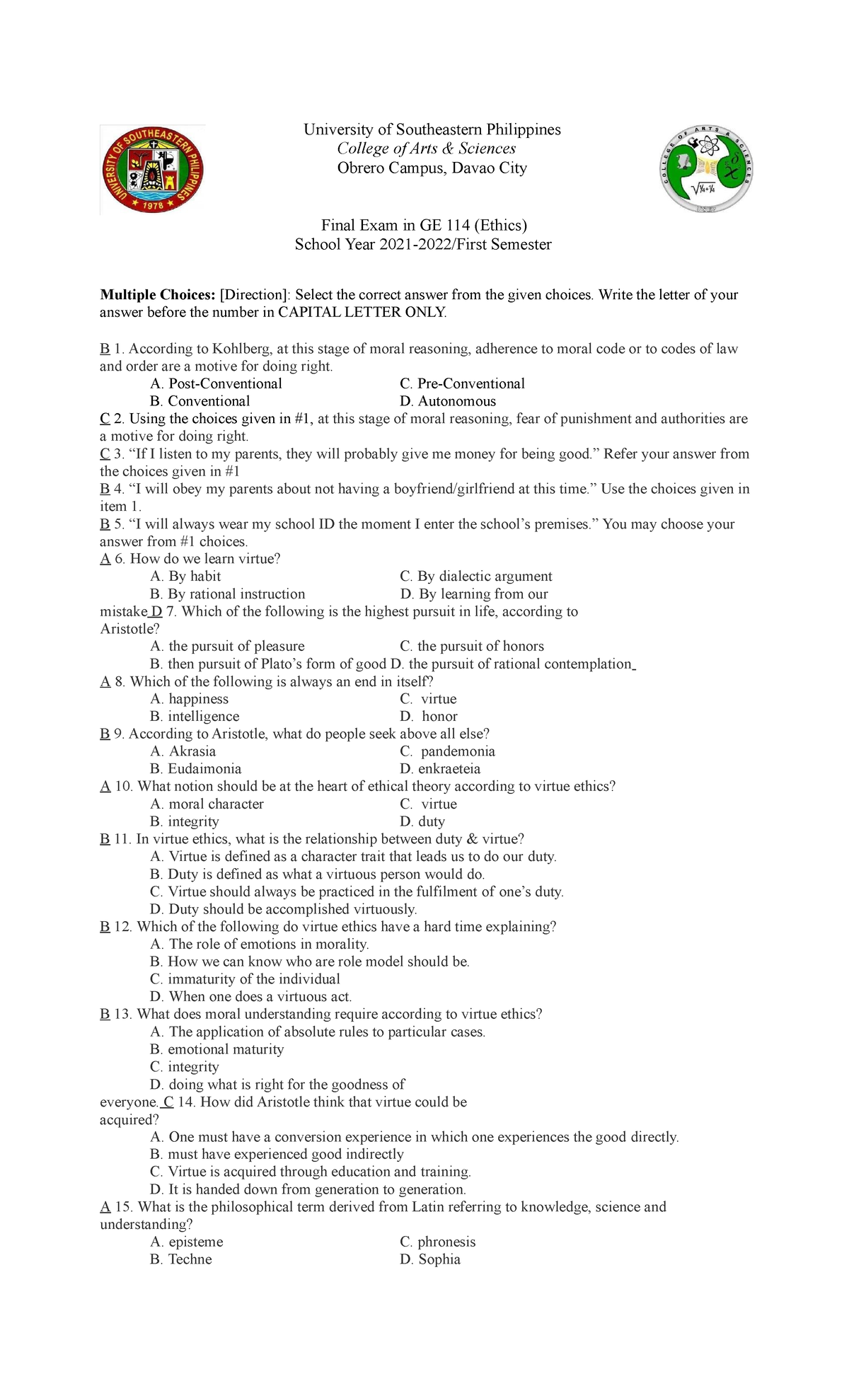 Final Exam in Ethics 2021 - University of Southeastern Philippines ...