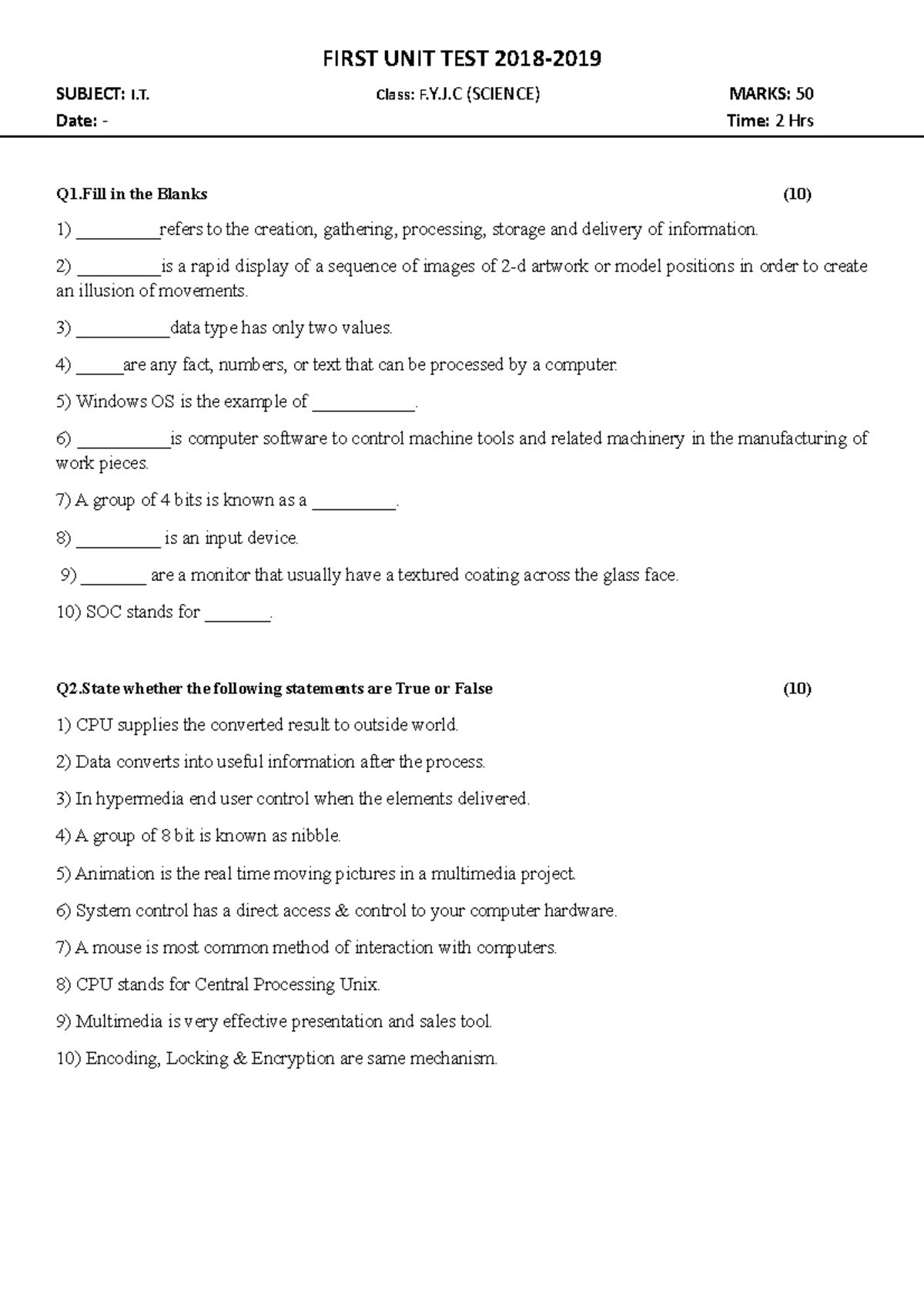 IT 1st Unit test Science - FIRST UNIT TEST 2018- SUBJECT: I. Class: F.Y ...