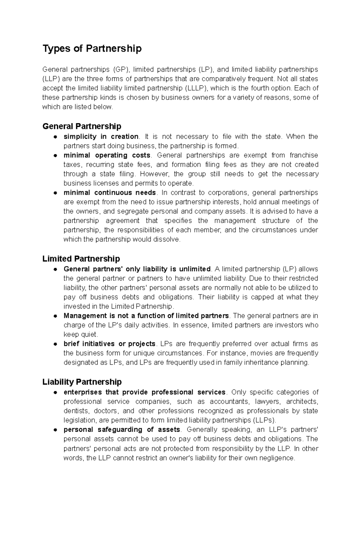 Types of partnership - Types of Partnership General partnerships (GP ...