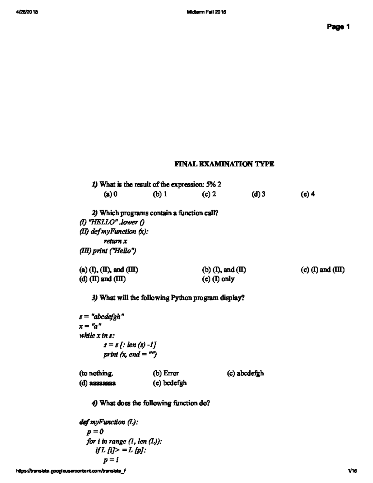 Final 2017 Version 1 ENG Final 2017 Practice ENG CSI2110 Exam - CSI2110 - uOttawa - Studocu