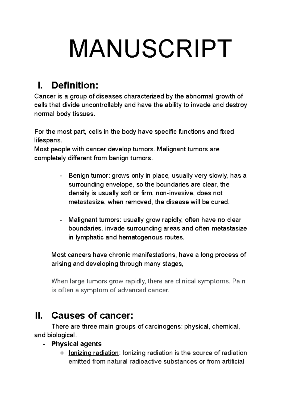 G5 - jkkjhjkh - MANUSCRIPT I. Definition: Cancer is a group of diseases ...