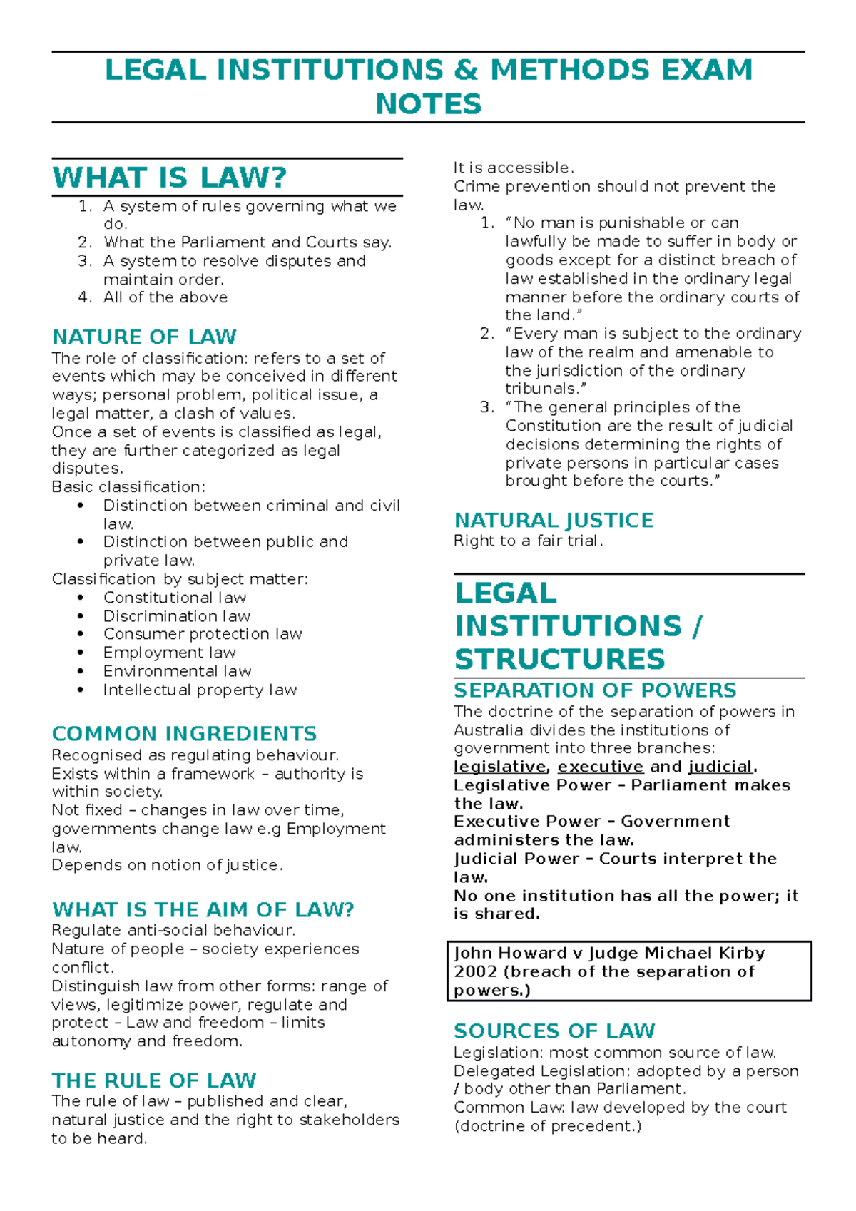 LIM EXAM Notes - LEGAL INSTITUTIONS & METHODS EXAM NOTES WHAT IS LAW? A ...