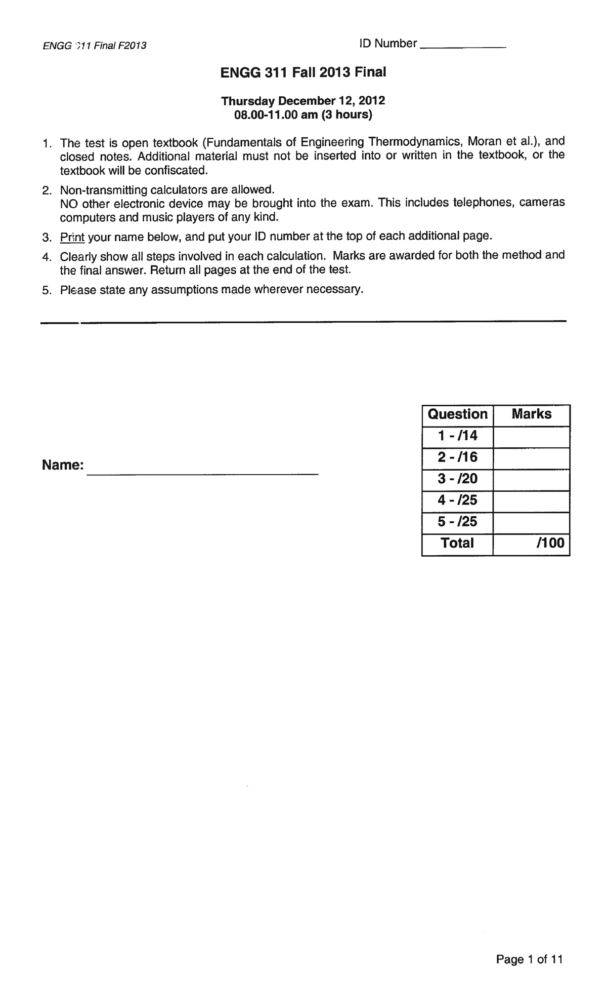 Exam 12 December 2013, questions and answers - ENGG 311 Final F2013 ID ...