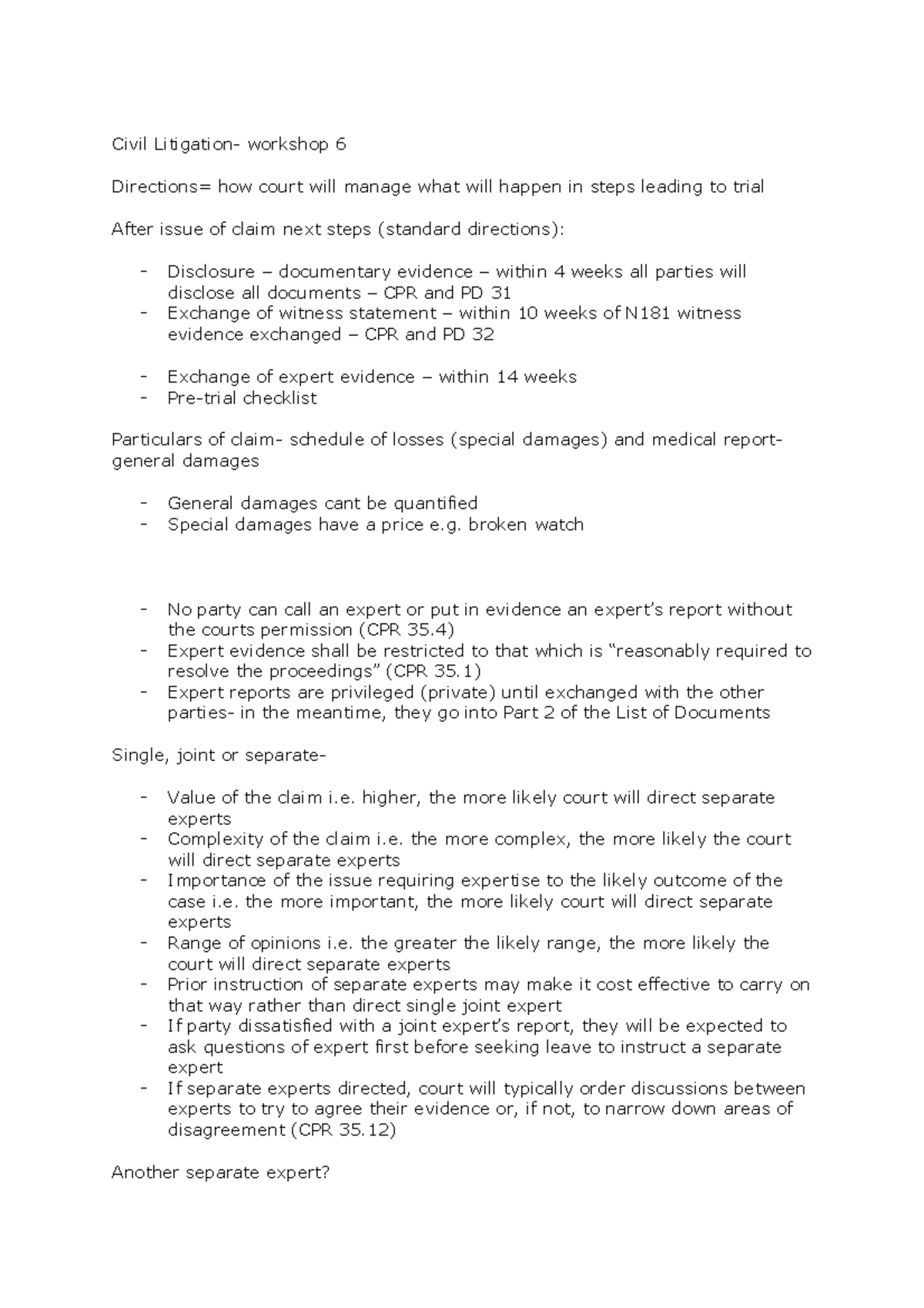 Civil Litigation ws 6 - Lecture notes 6 - LAW639 - LBU - Studocu