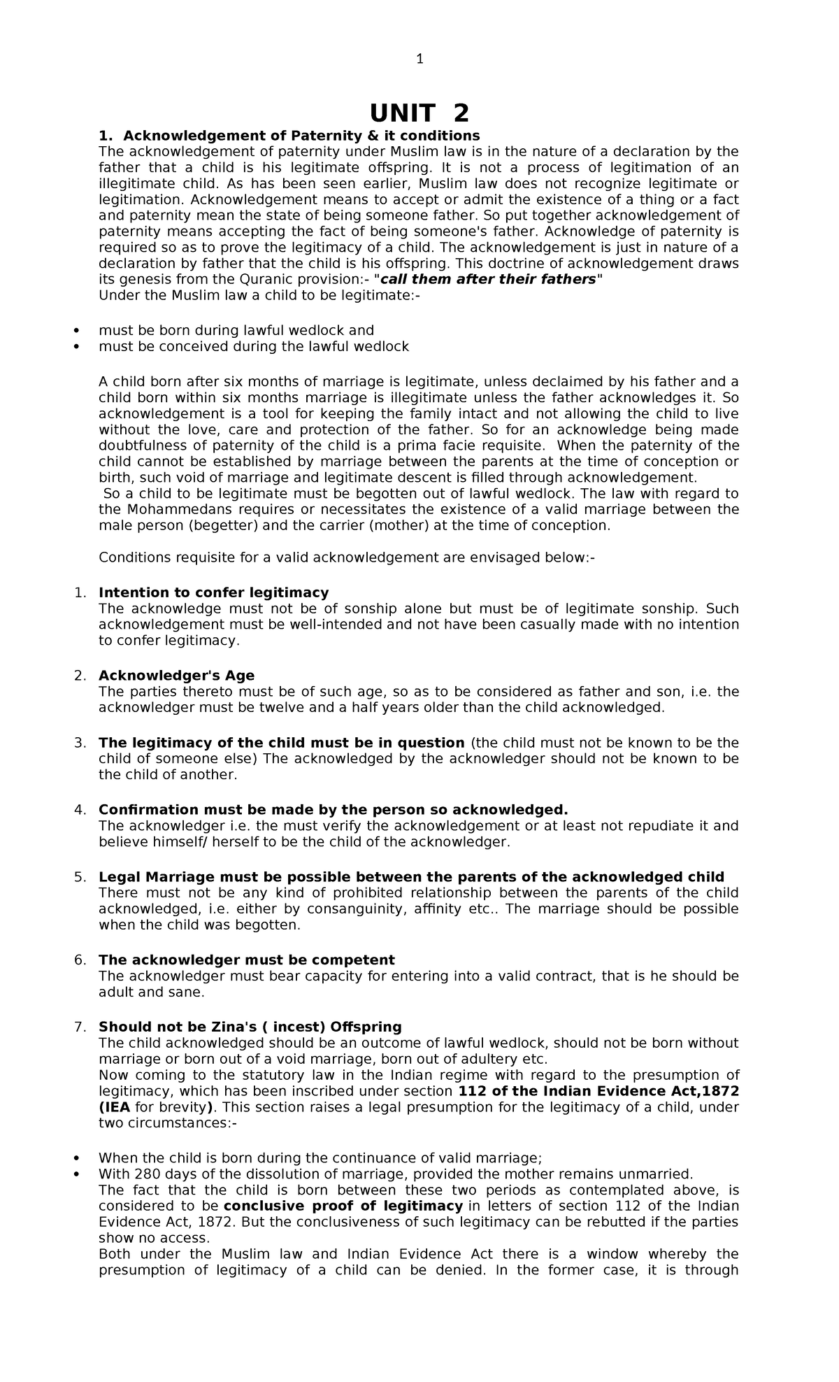Muslim law unit2 important questions - UNIT 2 Acknowledgement of Paternity & it conditions The ...