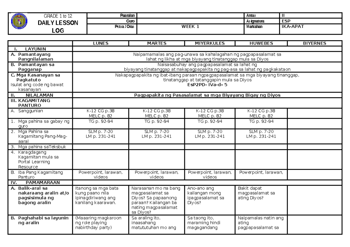 Q4 ESP WEEK 1 - DLL - GRADE 1 to 12 DAILY LESSON LOG Paaralan Antas II Guro Asignatura ESP Petsa ...