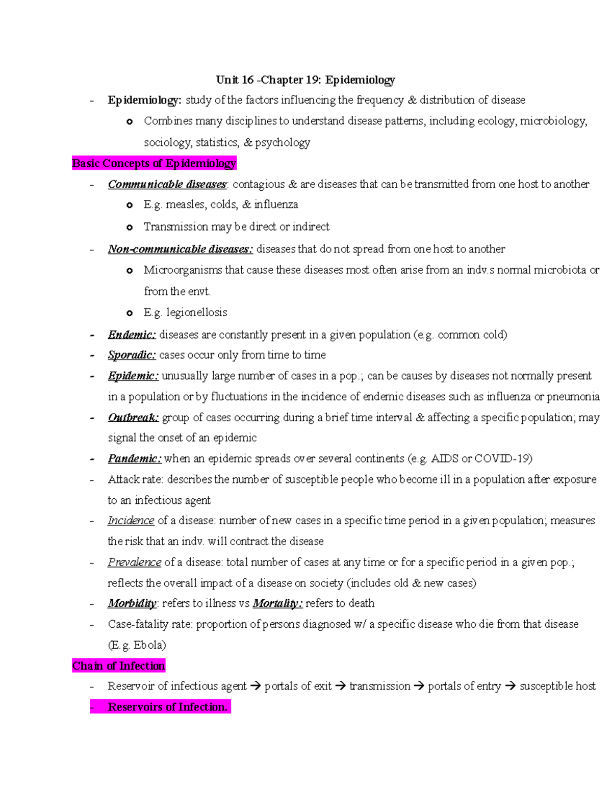 Unit 16 - Chapter 19 - Epidemiology - **Unit 16 -Chapter 19 ...