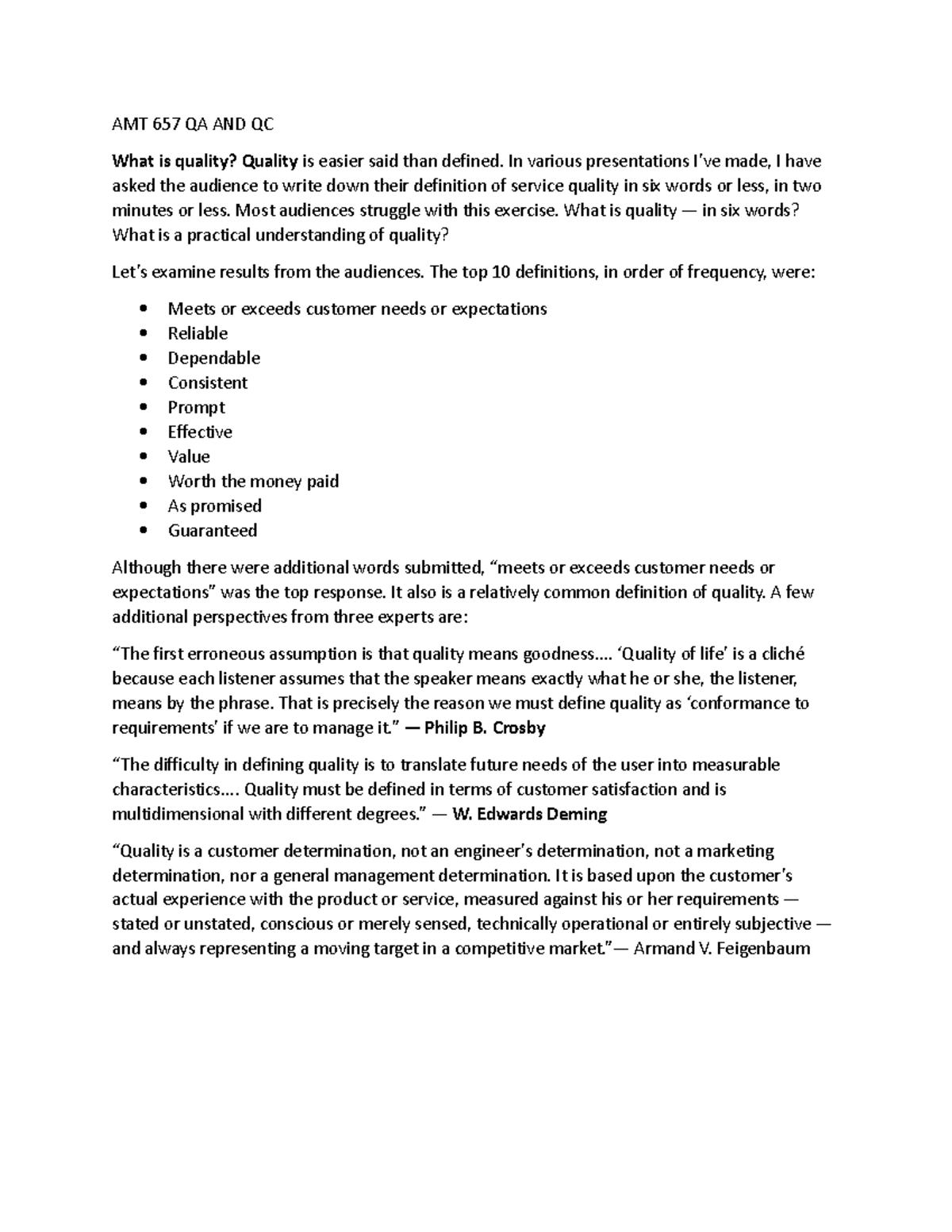AMT 657 QA AND QC - dsadasdsa - AMT 657 QA AND QC What is quality ...