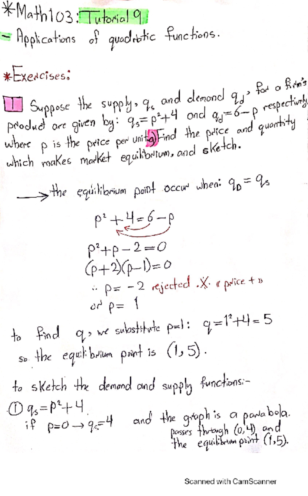 Math 103 Tutorial 9 - Math103: Tutorial 9 Applications of quadratic ...