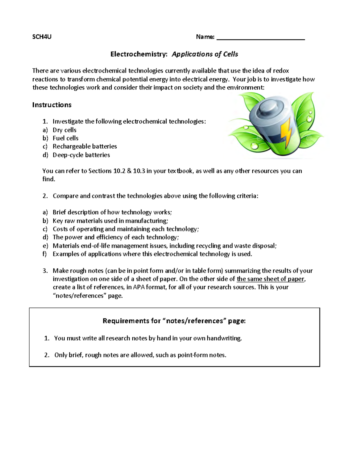 Electrochemistry Application Assignment - SCH4U Name ...