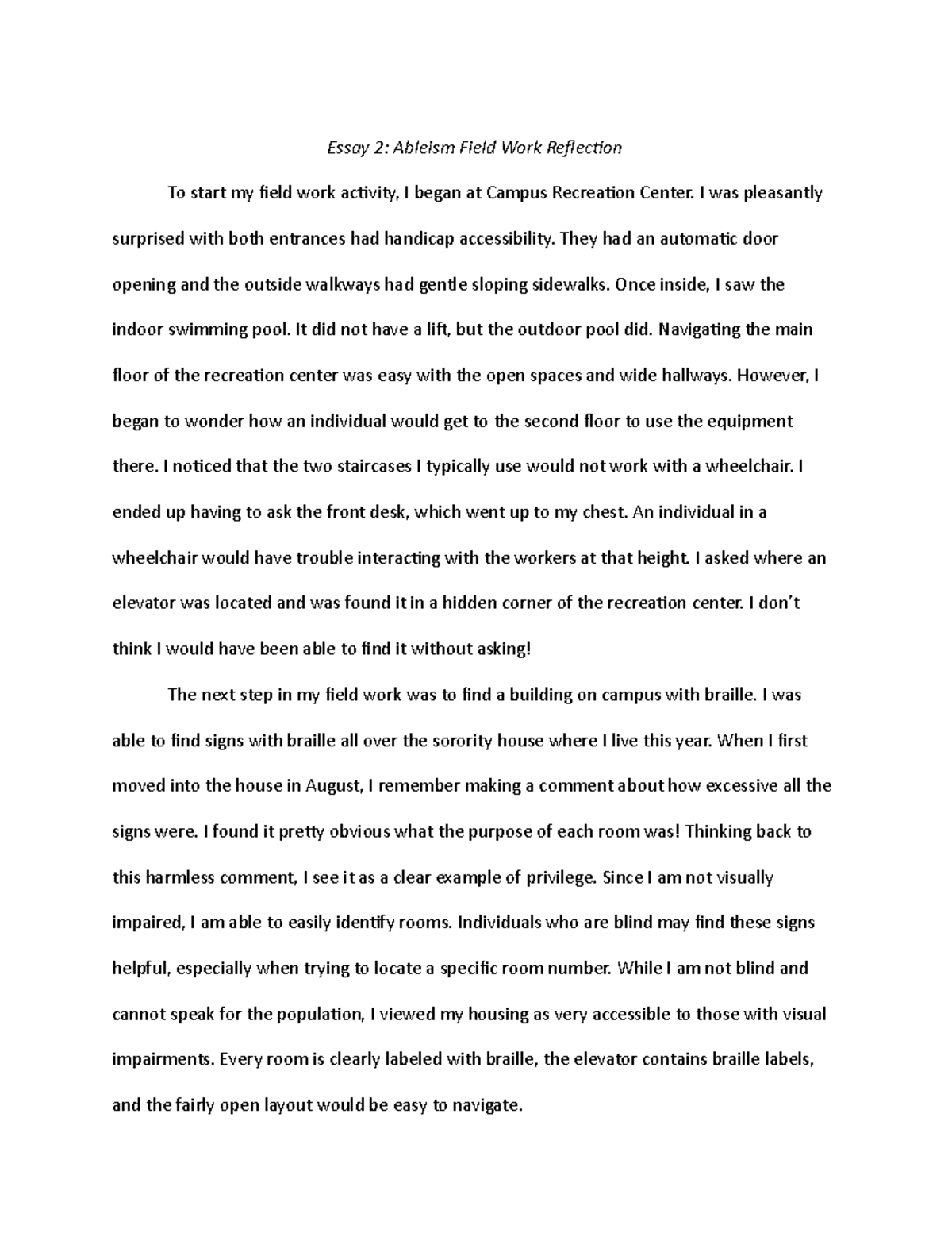Essay 2: Ableism Fieldwork - Essay 2: Ableism Field Work Reflection To ...
