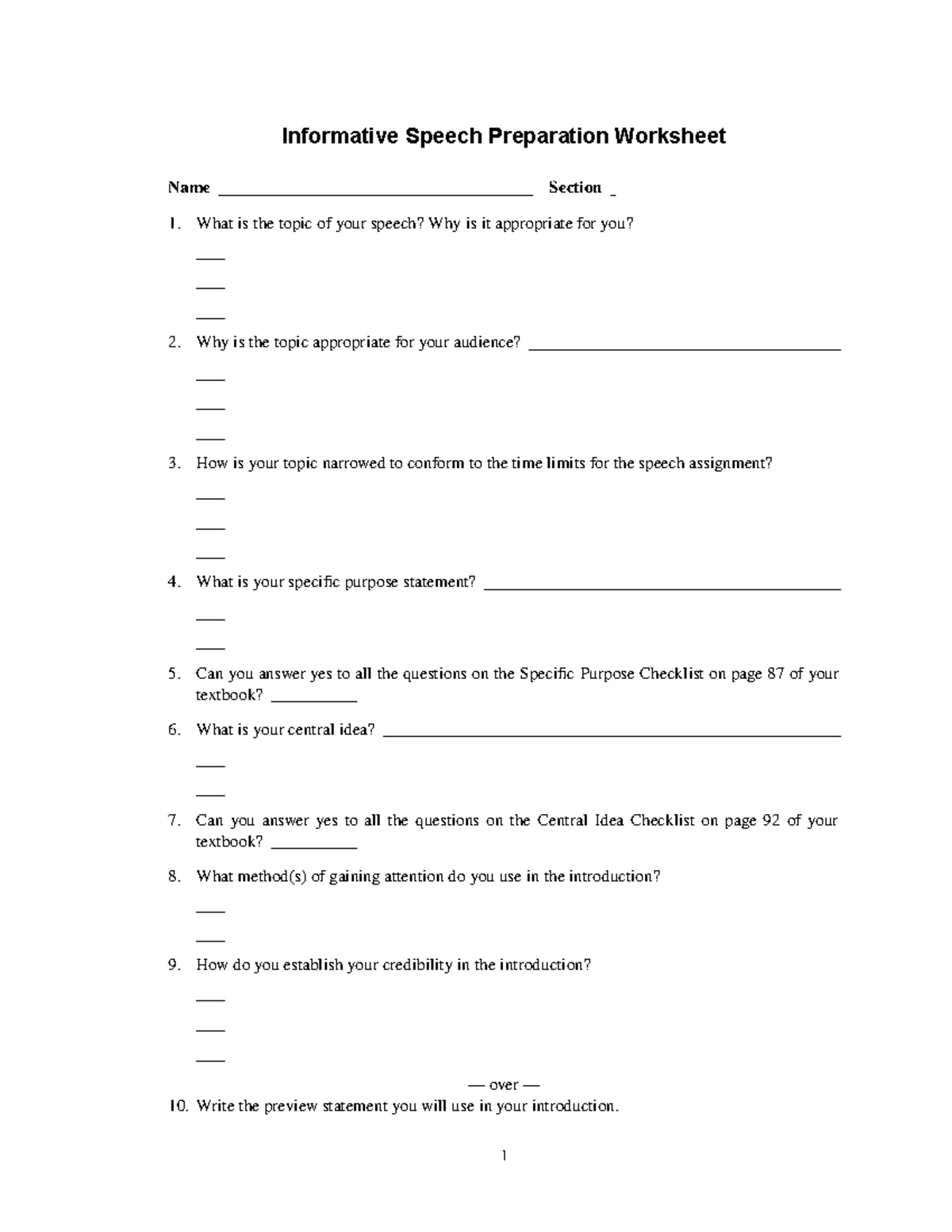 Informative Speech Preparation Worksheet - 1 11 you answer yes to all the questions on the ...