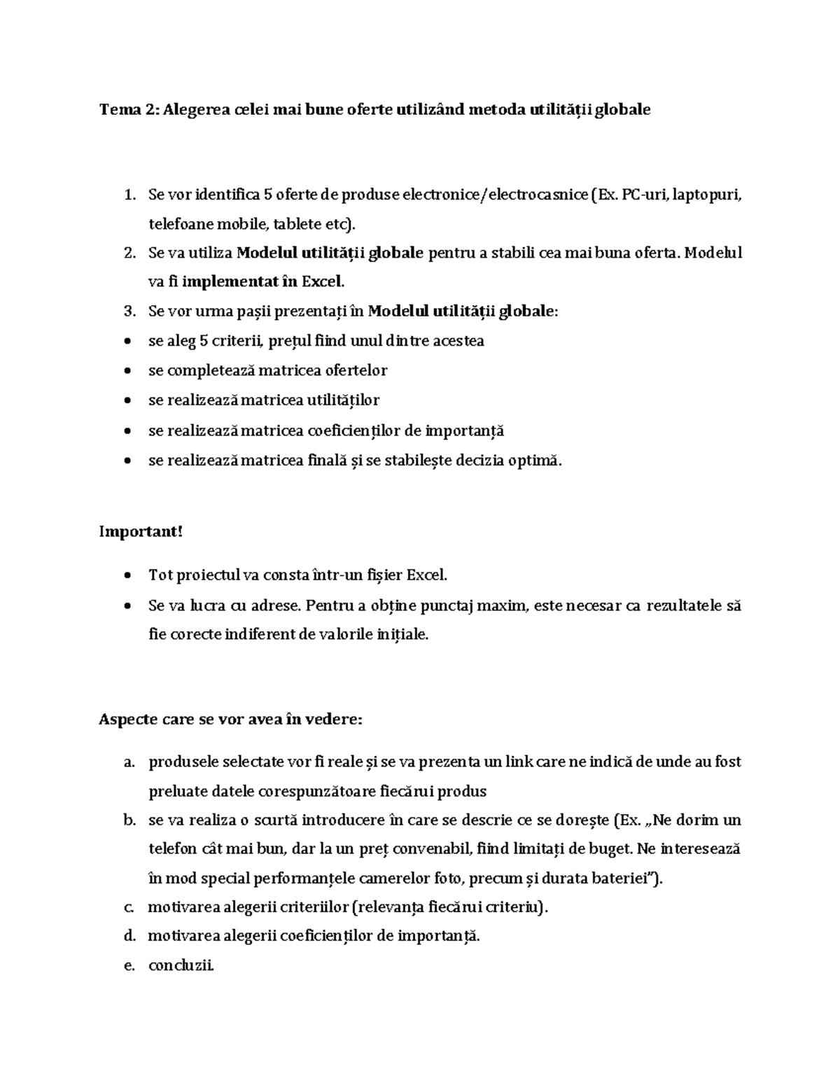 Cerinte Proiect - Excel - 2023 - Tema 2 : Alegerea celei mai bune oferte utilizând metoda ...