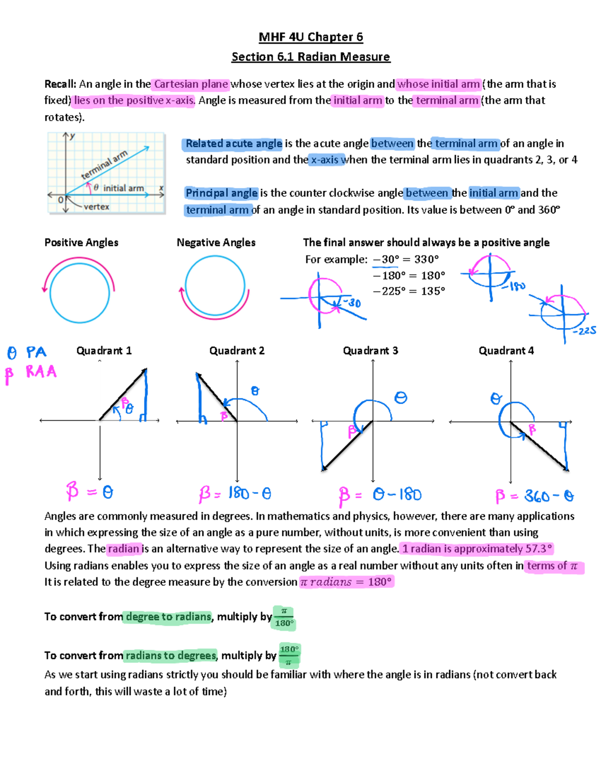 Math Chapter 6 Lesson - MHF 4U Chapter 6 Section 6 Radian Measure ...