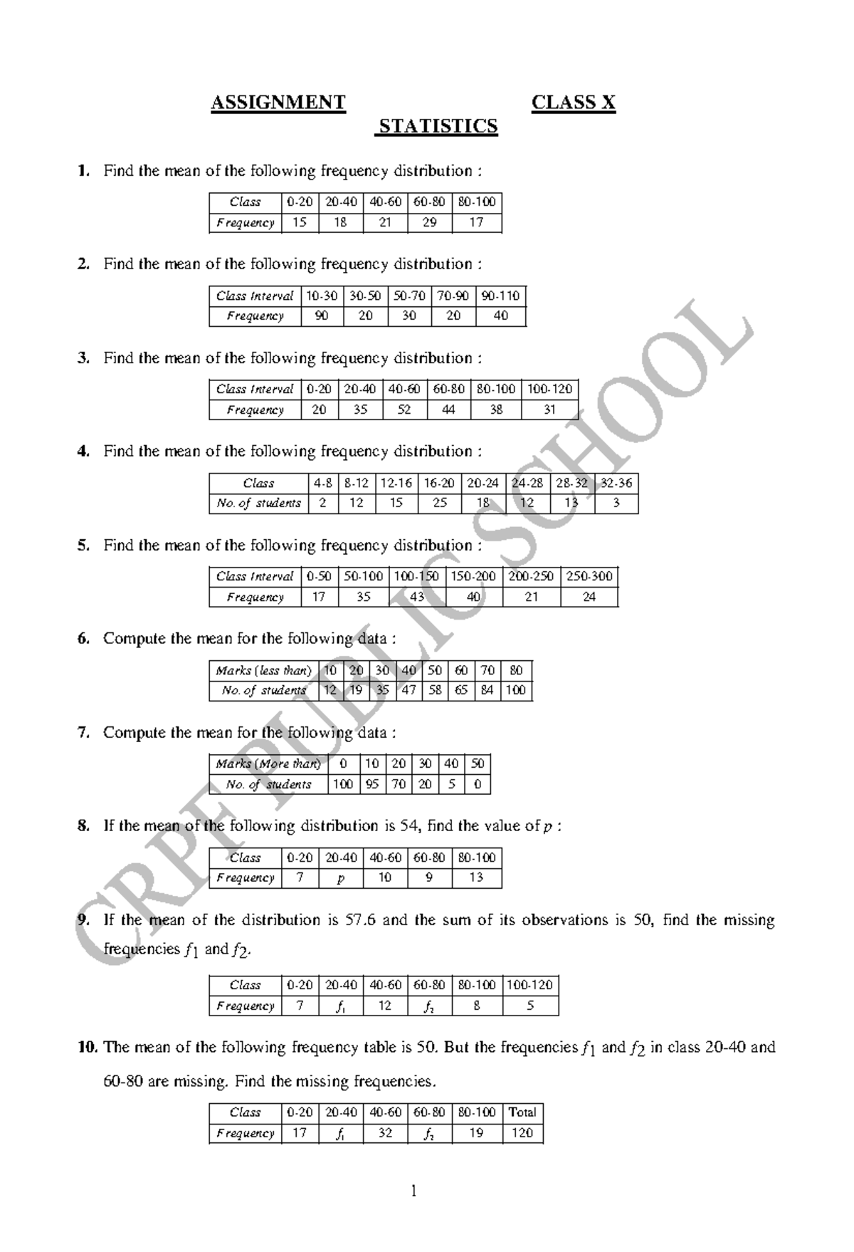 Stats Assignment - ASSIGNMENT CLASS X STATISTICS 1. Find the mean of ...