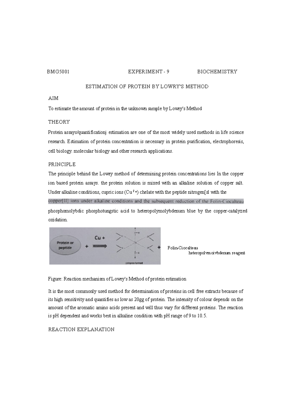 Expt - easy - BMG5001 EXPERIMENT - 9 BIOCHEMISTRY ESTIMATION OF PROTEIN ...