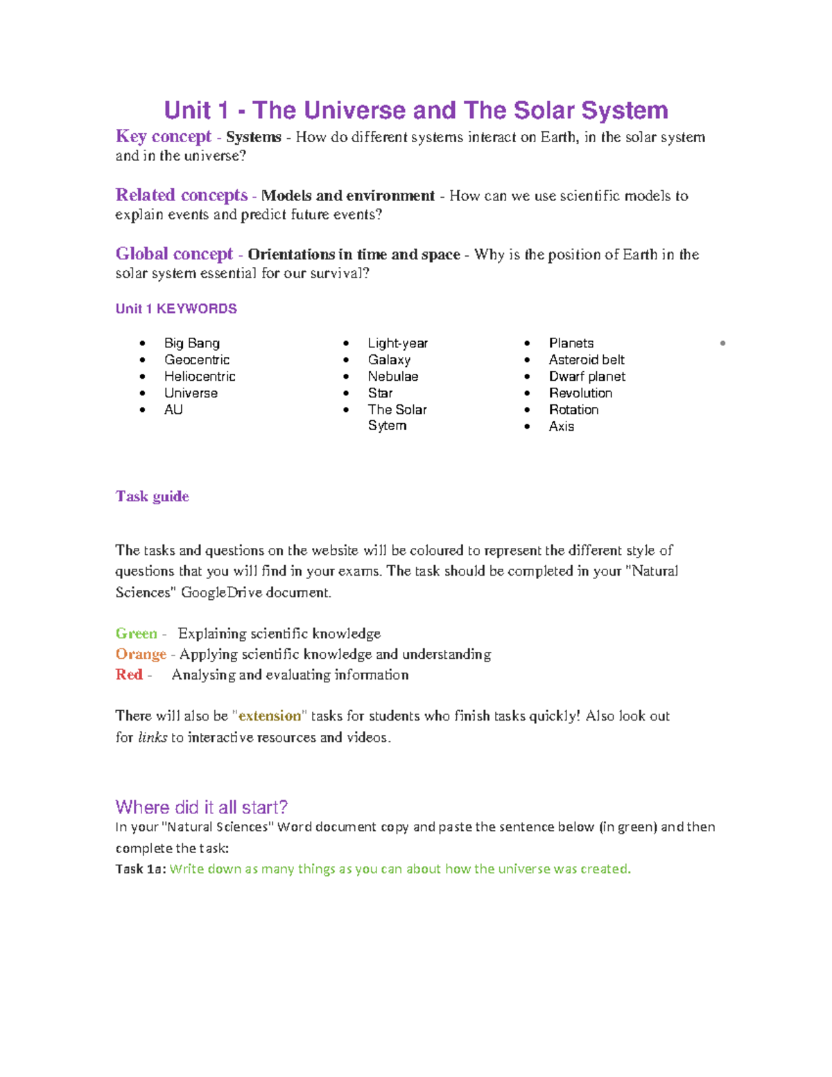 Unit 1 - the universe and the solar system - Unit 1 - The Universe and ...