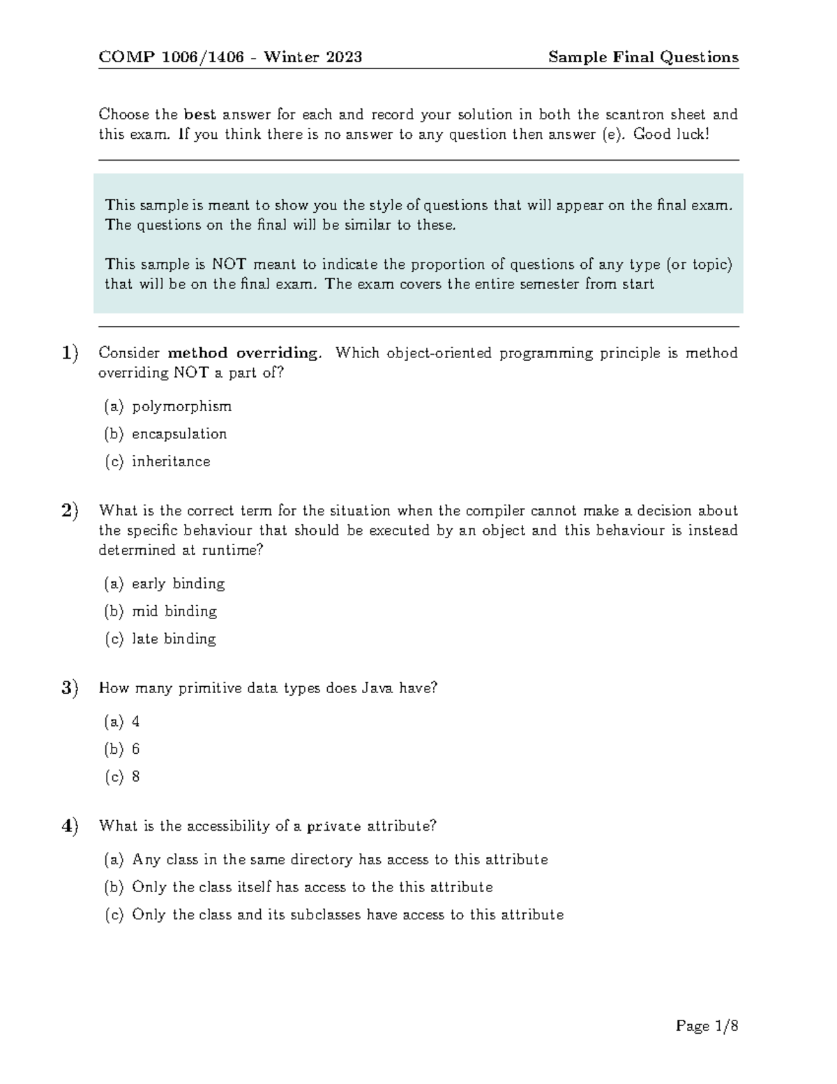 Sample Final Exam questions - Choose the best answer for each and ...