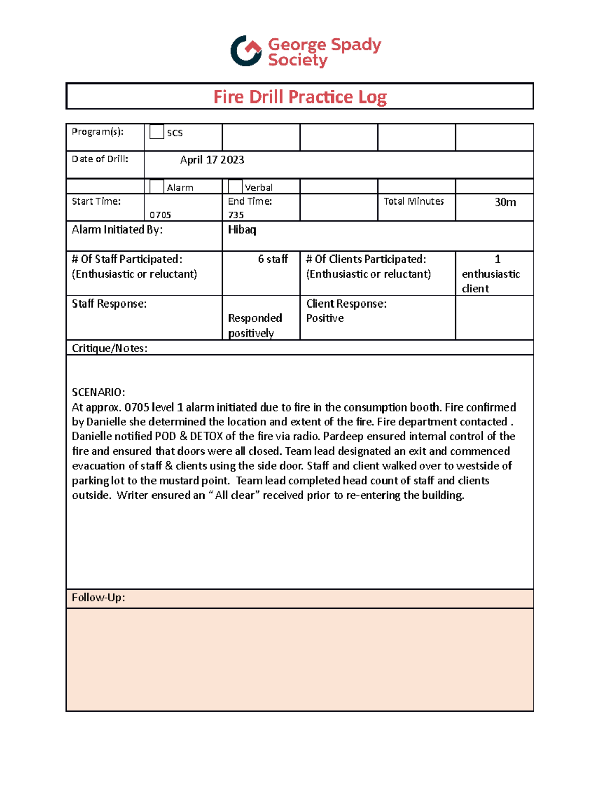 April Fire Drill Practice Log - Fire Drill Practice Log Program(s): SCS ...