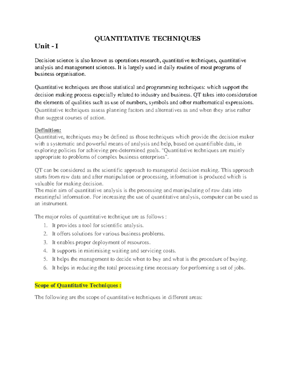 QT Unit -I notes - QUANTITATIVE TECHNIQUES Unit - I Decision science is ...