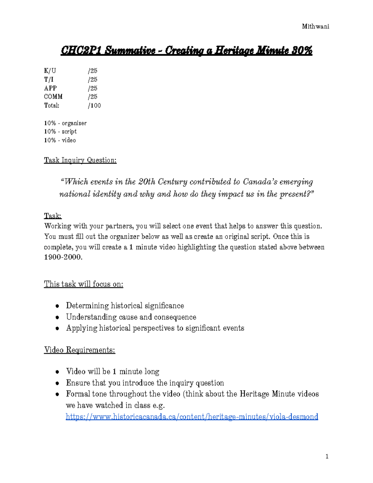 CHC2P1 Summative - Creating a Heritage Minute 30% - You must fill out ...