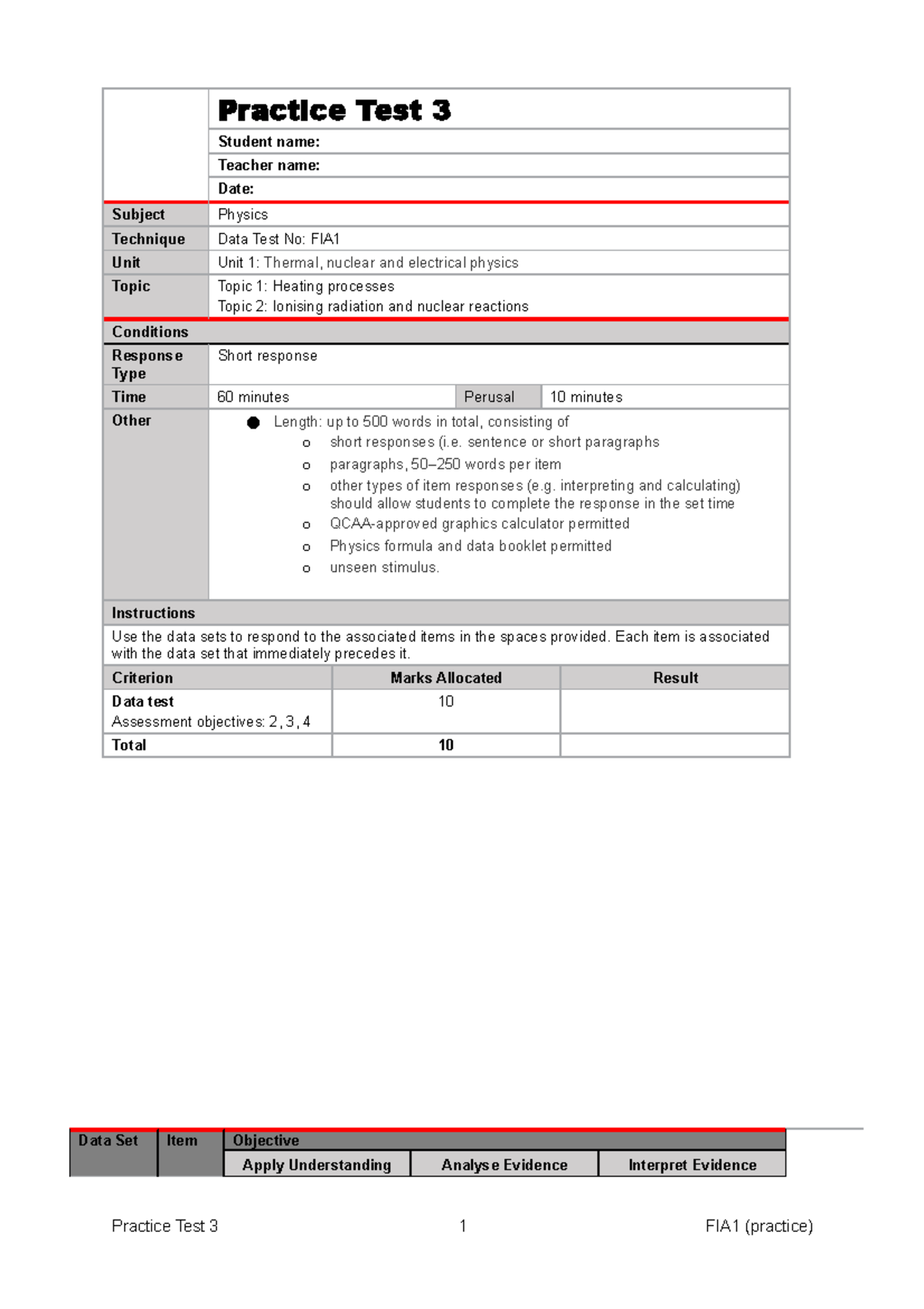 U1-FIA1 Data Test Practice 3 - Practice Test 3 Student name: Teacher ...