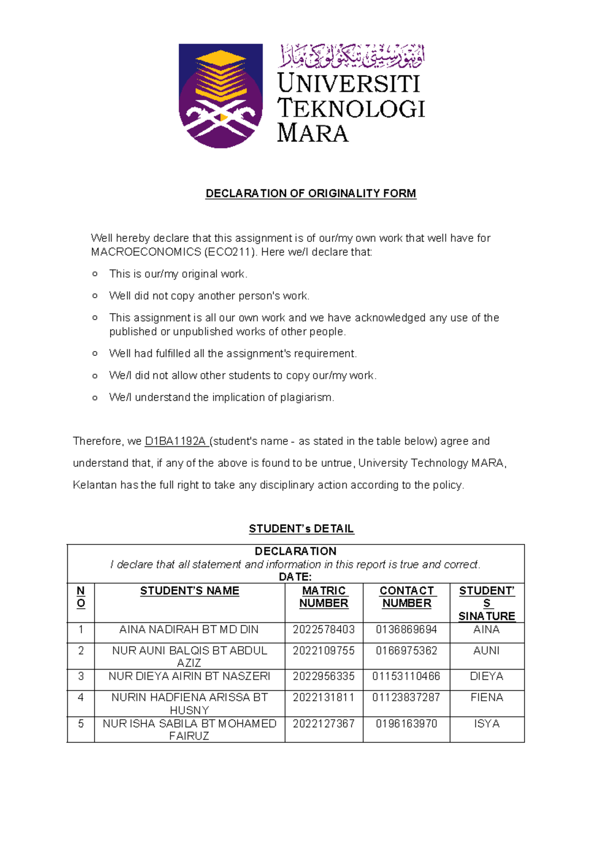 Group assignment eco162 - DECLARATION OF ORIGINALITY FORM Well hereby ...