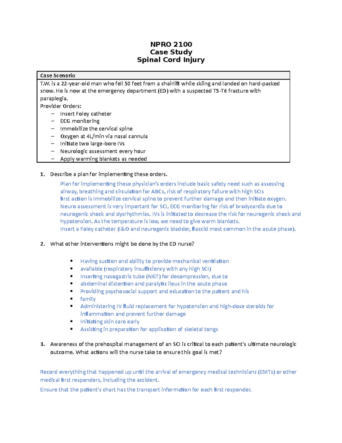 Case Study SCI - NPRO 2100 Case Study Spinal Cord Injury Case Scenario ...