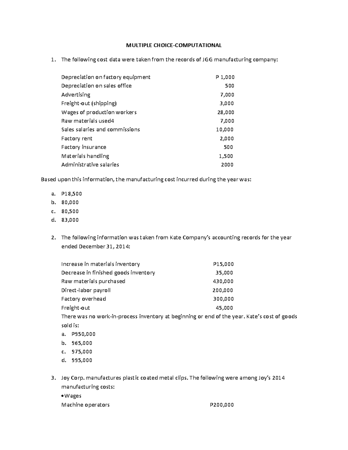 Cost accounting prelims practice solving 1 50 1 pdf - MULTIPLE CHOICE-COMPUTATIONAL The ...