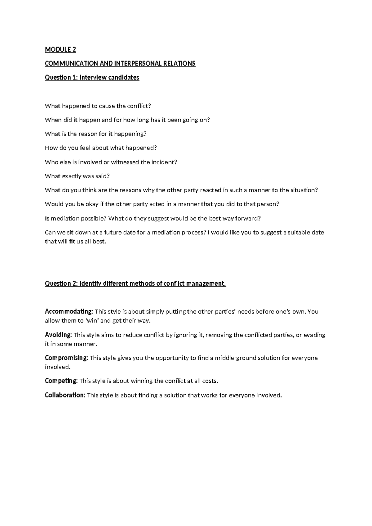 Module 2 Conflict - ppolicing - MODULE 2 COMMUNICATION AND INTERPERSONAL RELATIONS Question 1 ...